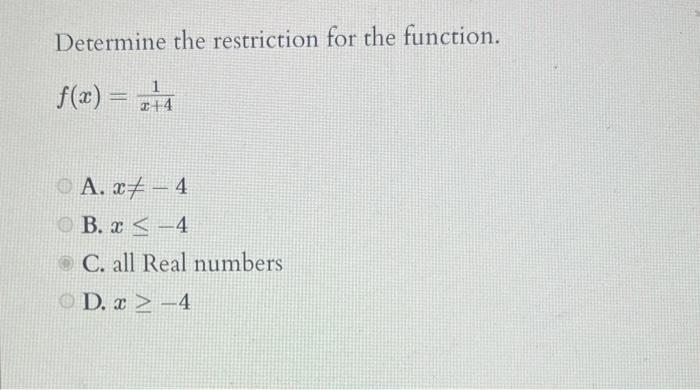 Solved Determine the restriction for the function. f(x)=x+41 | Chegg.com