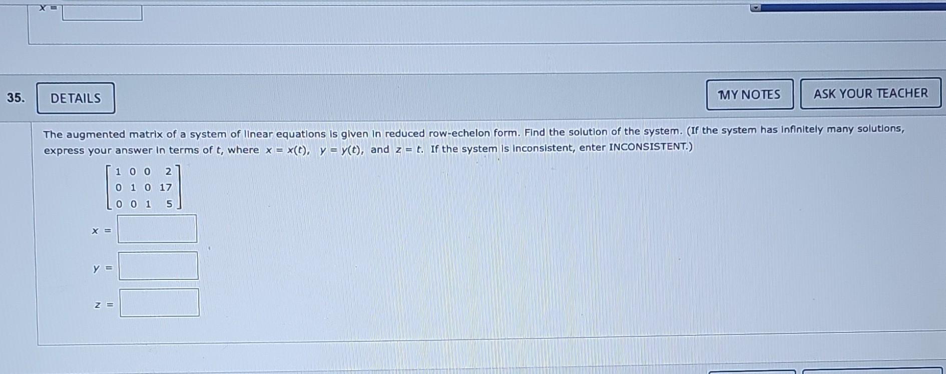 Solved The augmented matrix of a system of IInear equations | Chegg.com