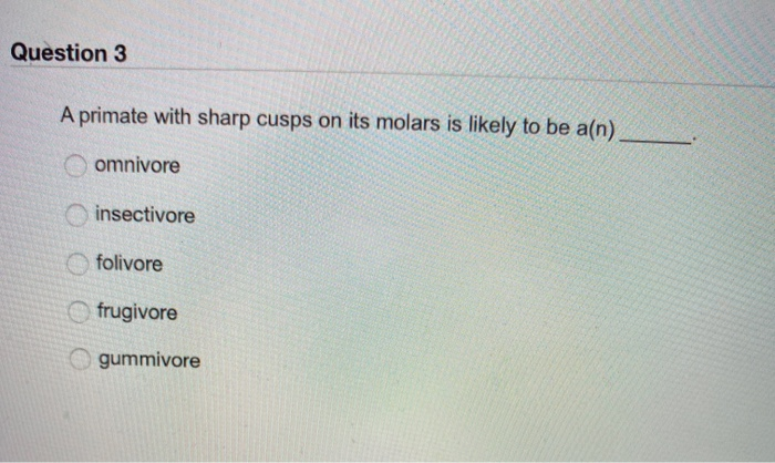 Solved Question 3 A primate with sharp cusps on its molars | Chegg.com