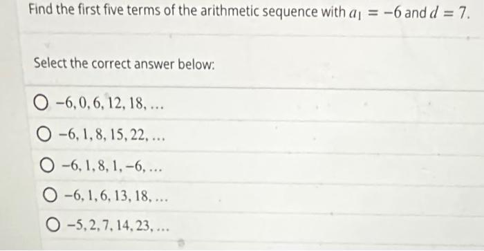 Solved Find the first five terms of the arithmetic sequence | Chegg.com