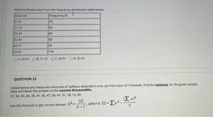Solved Find the Modal class from the frequency distribution | Chegg.com