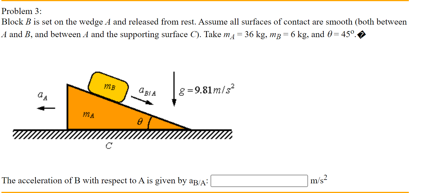 Solved Problem 3:Block B ﻿is set on the wedge A and released | Chegg.com