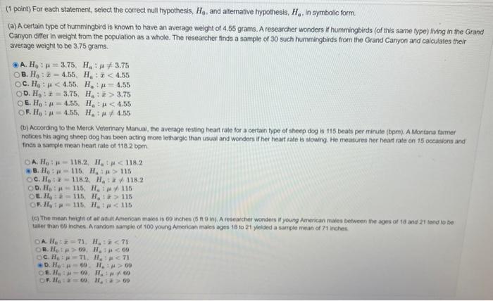 Solved (1 point) For each statement, select the correct null | Chegg.com