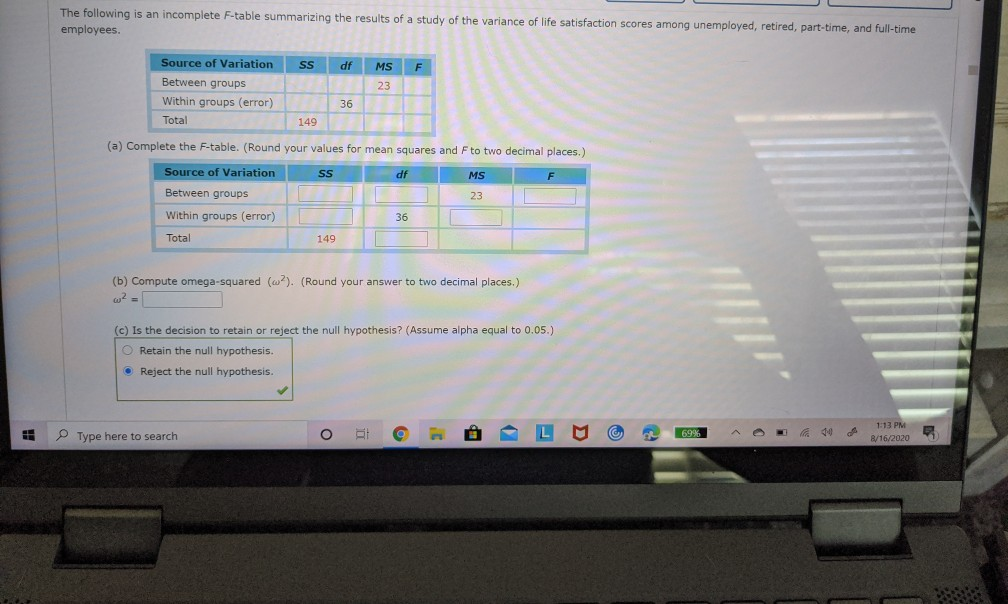 Solved The following is an incomplete F-table summarizing | Chegg.com