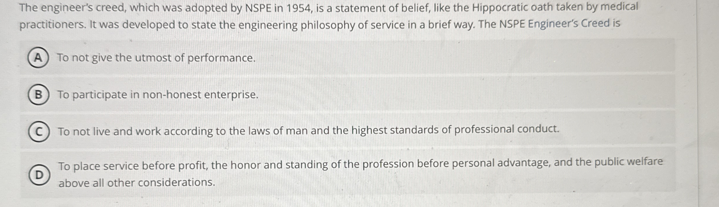 Solved The engineer's creed, which was adopted by NSPE in | Chegg.com