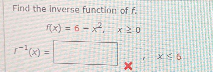 Solved Find the inverse function of f. f(x)=6−x2,x≥0 f−1(x)= | Chegg.com