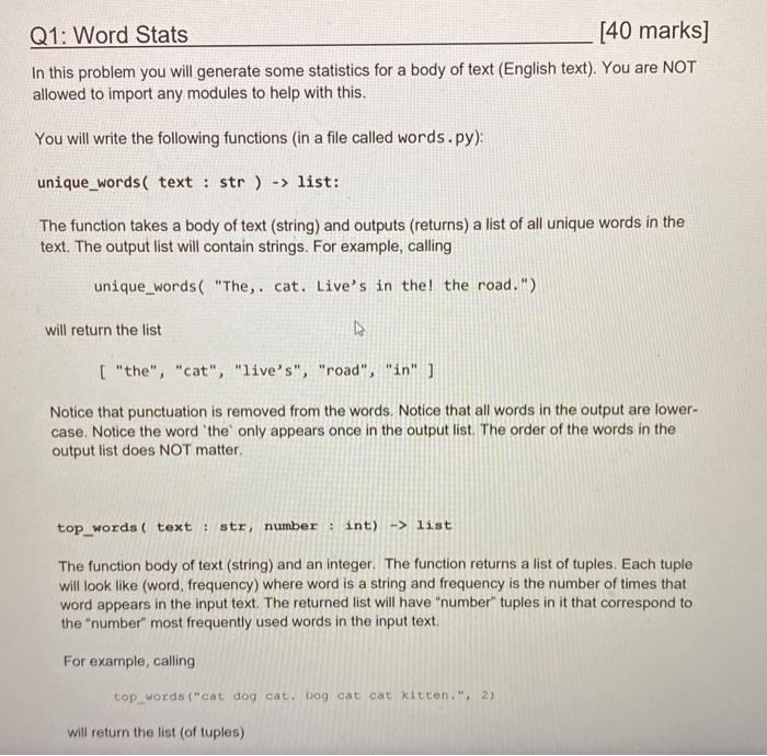 Solved Q1: Word Stats [40 marks] In this problem you will | Chegg.com