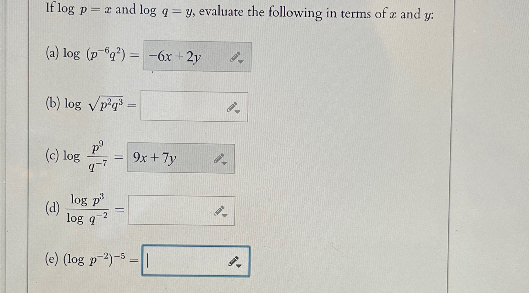 Solved If logp=x ﻿and logq=y, ﻿evaluate the following in | Chegg.com