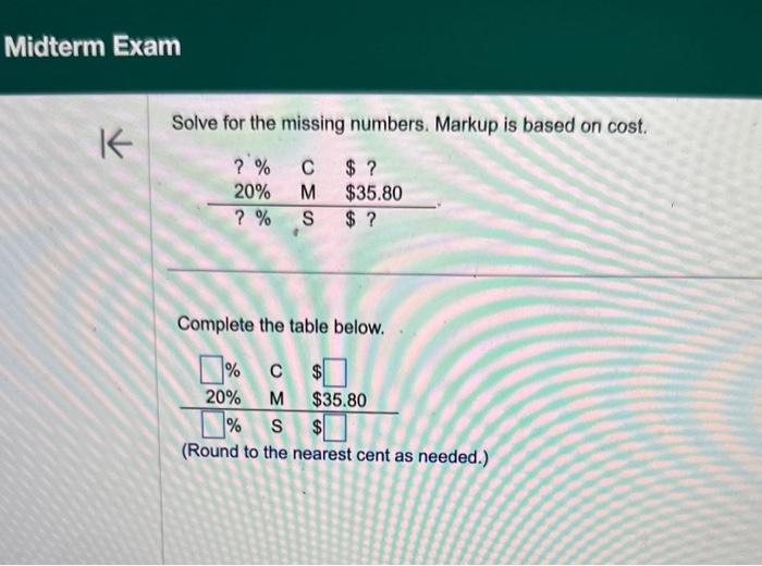 Solved Solve for the missing numbers. Markup is based on | Chegg.com