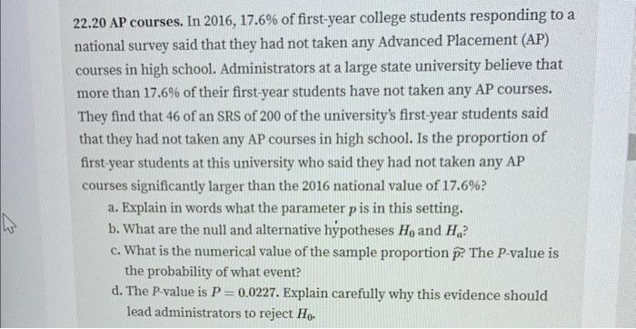 Solved 22.20 AP courses. In 2016,17.6% of first-year college | Chegg.com