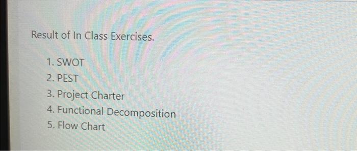 Solved Result of In Class Exercises. 1. SWOT 2. PEST 3. | Chegg.com
