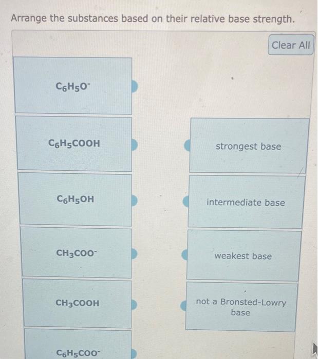 Solved Arrange the substances based on their relative base | Chegg.com