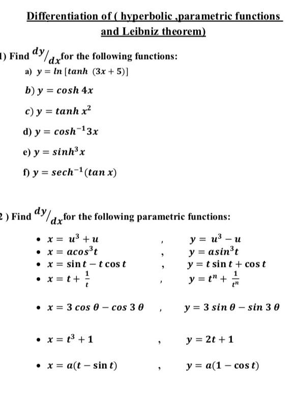 Solved Differentiation of ( hyperbolic parametric functions | Chegg.com