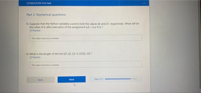 Solved CS102/C5103 First test Part 2: Numerical questions 13 | Chegg.com