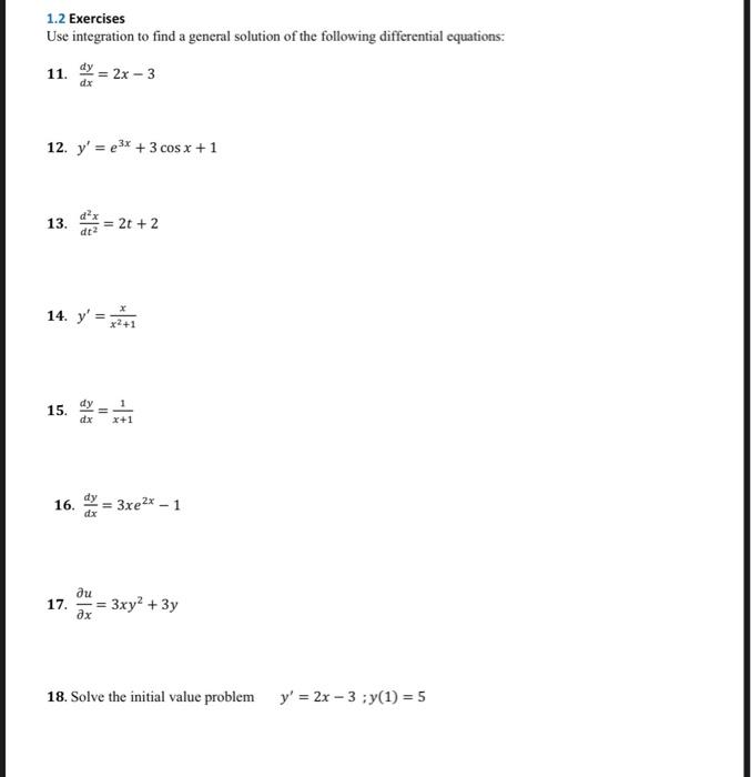 Solved 1.2 Exercises Use integration to find a general | Chegg.com