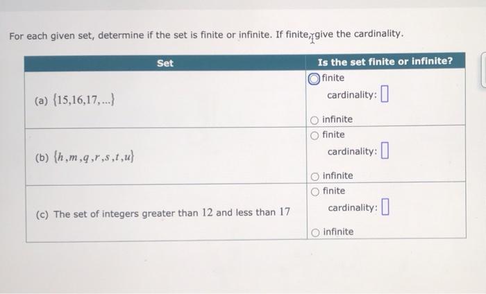 Solved For each given set, determine if the set is finite or | Chegg.com Solved For each given set, determine if the set is finite or | Chegg.com