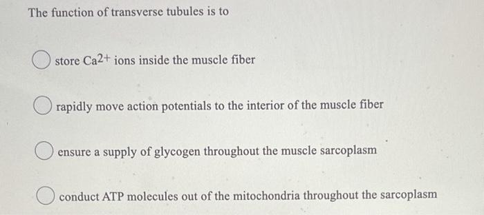 Solved The function of transverse tubules is to O store Ca2+ | Chegg.com