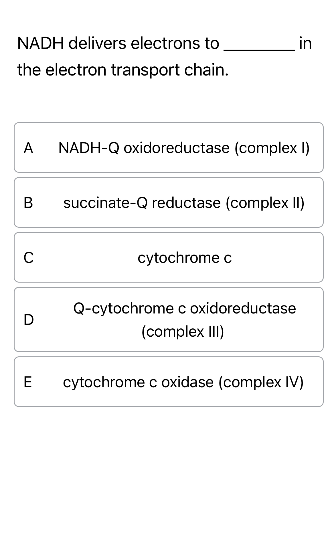 Solved NADH delivers electrons to in the electron transport | Chegg.com