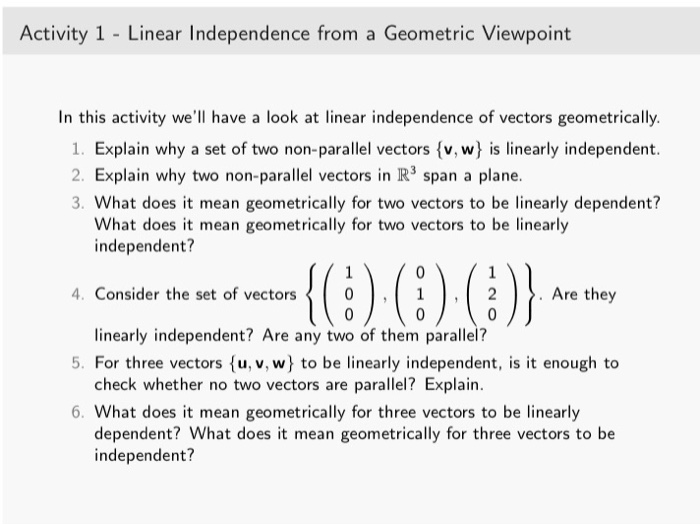Solved Activity 1 - Linear Independence from a Geometric | Chegg.com