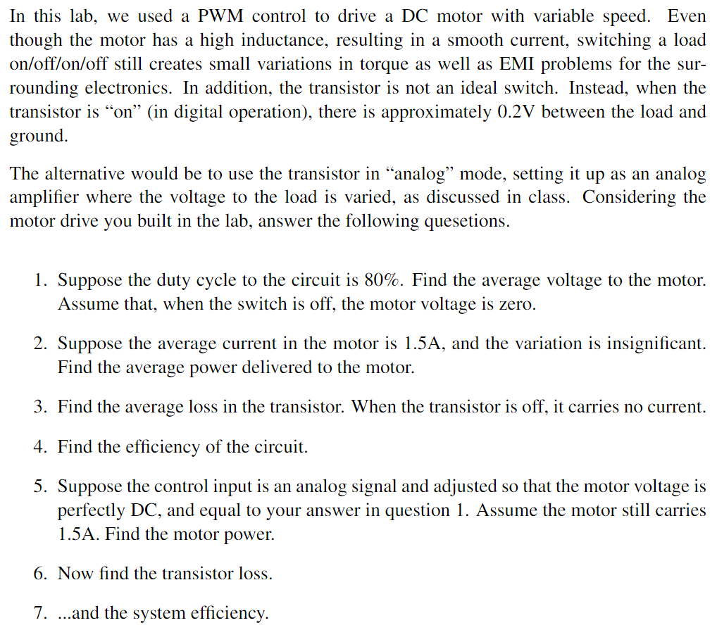 Solved In this lab, we used a PWM control to drive a DC | Chegg.com