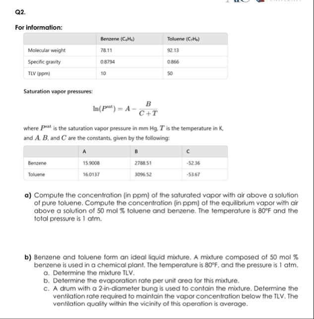 Solved Q2.For information:\table[[,Benzene ( C6H6 ),Toluene | Chegg.com