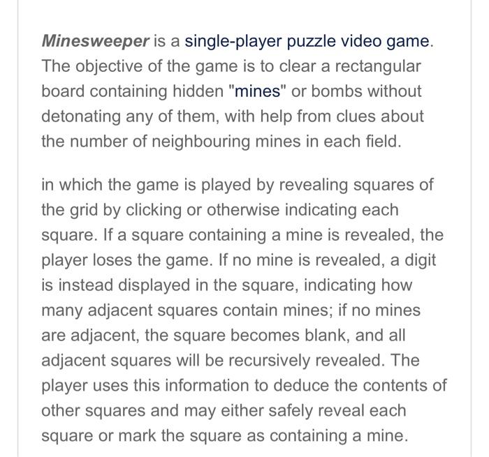 Solved Minesweeper is a single-player puzzle video game. The | Chegg.com