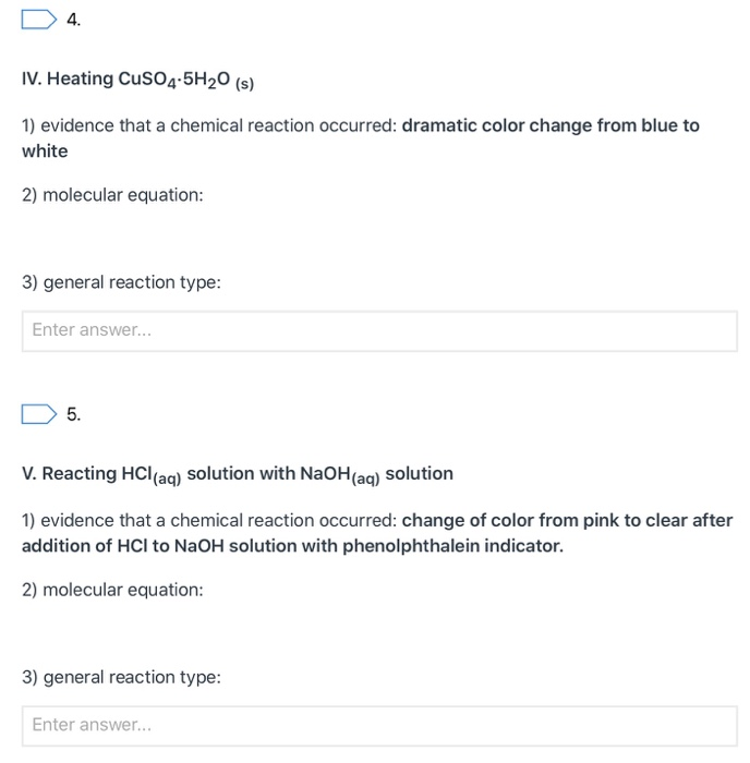 Solved D 4. IV. Heating CuSO4.5H20 (s) 1) evidence that a | Chegg.com