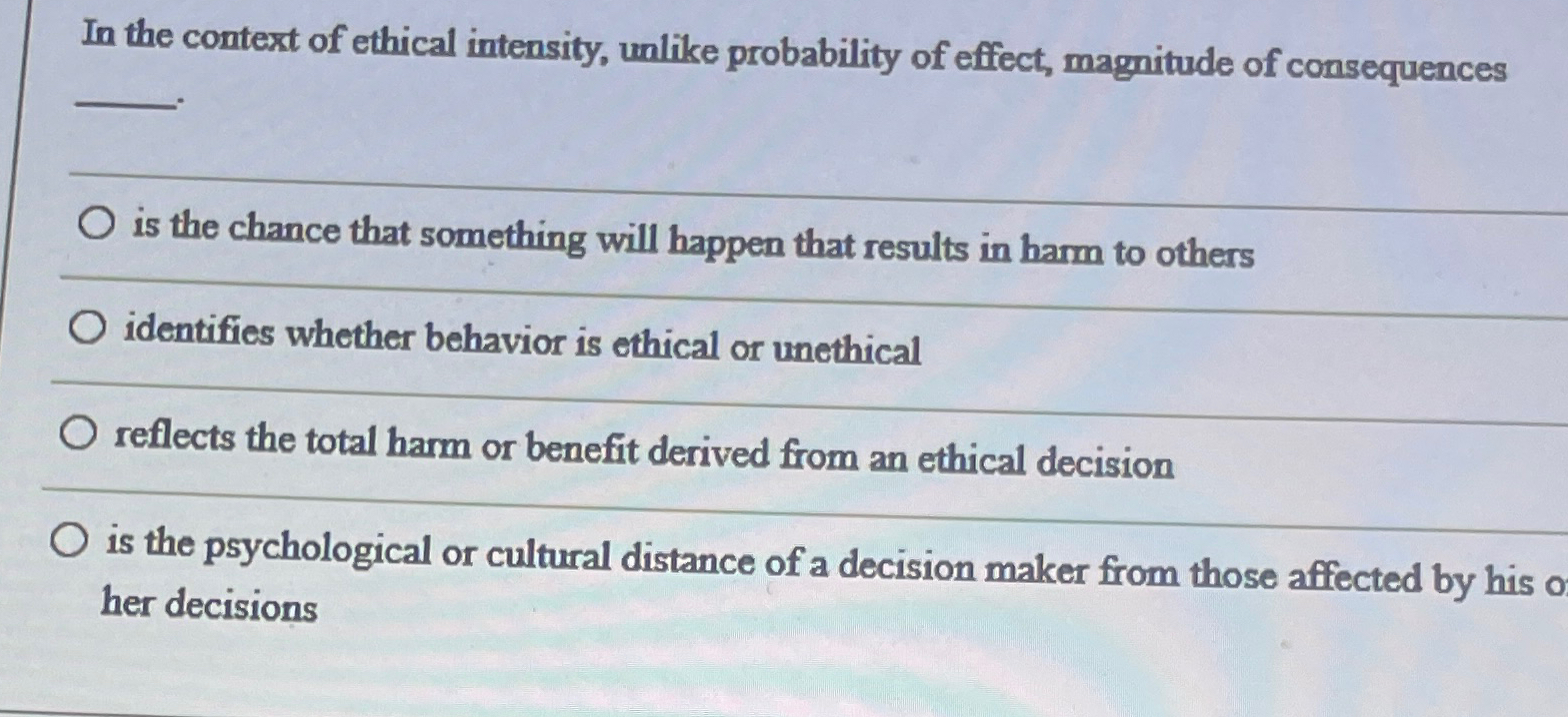 Solved In the context of ethical intensity, unlike | Chegg.com