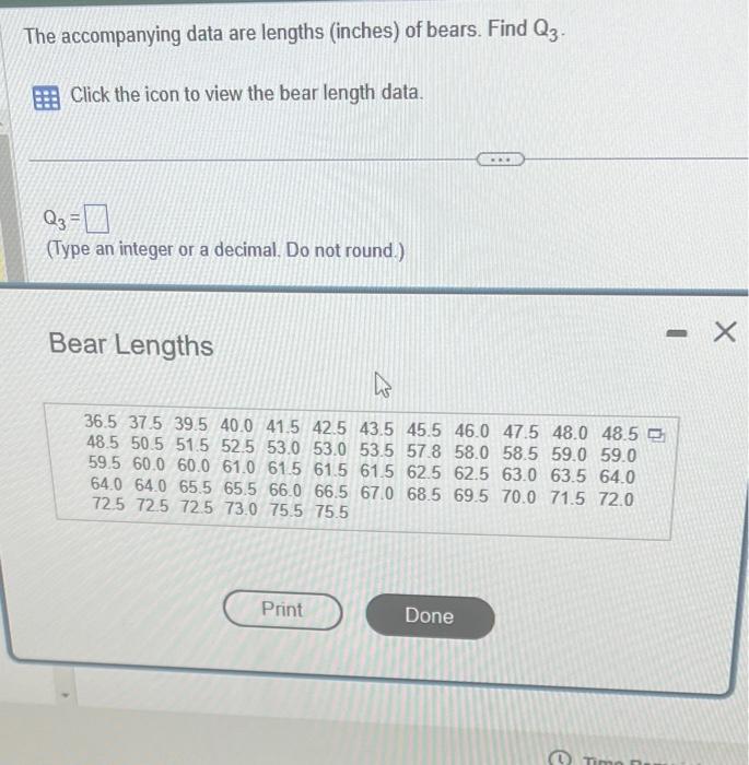 Solved The accompanying data are lengths (inches) of bears. | Chegg.com