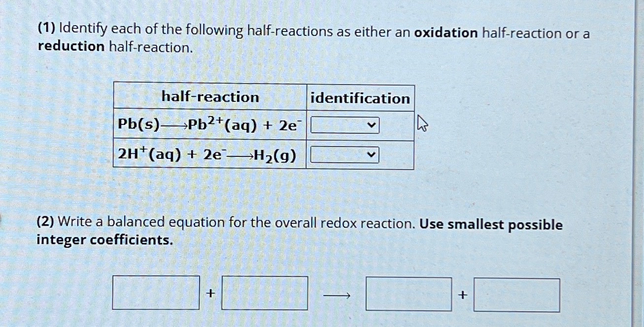 Solved (1) ﻿Identify each of the following half-reactions as | Chegg.com