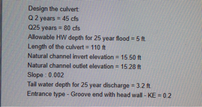 Solved Design the culvert Q 2 years = 45 cfs Q25 years = 80 | Chegg.com