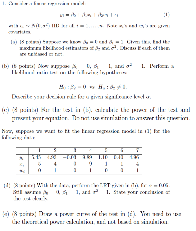 Solved Consider a linear regression | Chegg.com