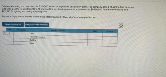 Journal entry was Cala Manufacturing purchases land | Chegg.com