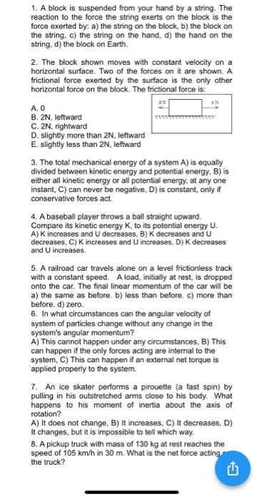 Solved 1. A block is suspended from your hand by a string. | Chegg.com