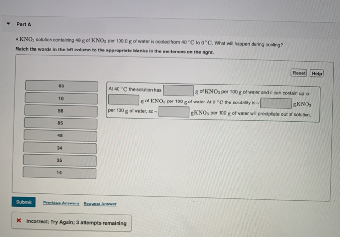 Solved Part A A KNO, solution containing 48 g of KNO3 per | Chegg.com