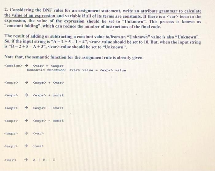 Solved 2. Considering the BNF rules for an assignment | Chegg.com