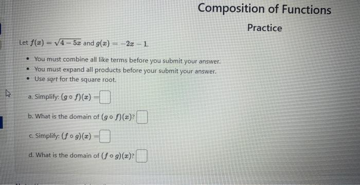 Solved Composition of Functions Practice f(x)=4−5x and | Chegg.com
