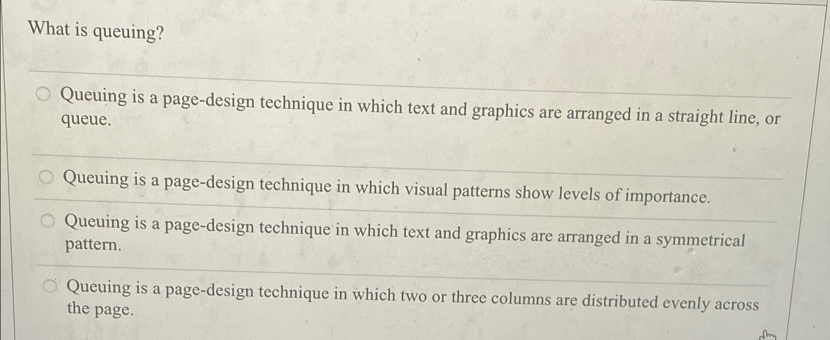 Solved What is queuing?Queuing is a page-design technique in | Chegg.com