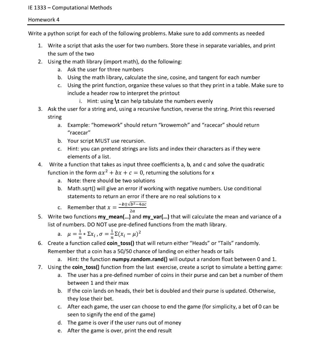 Solved Ie 1333 Computational Methods Homework 4 Write A 8893