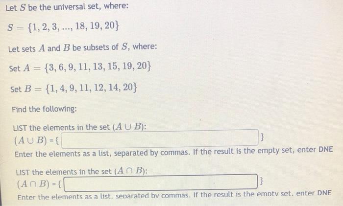 Solved Let S be the universal set, where: | Chegg.com