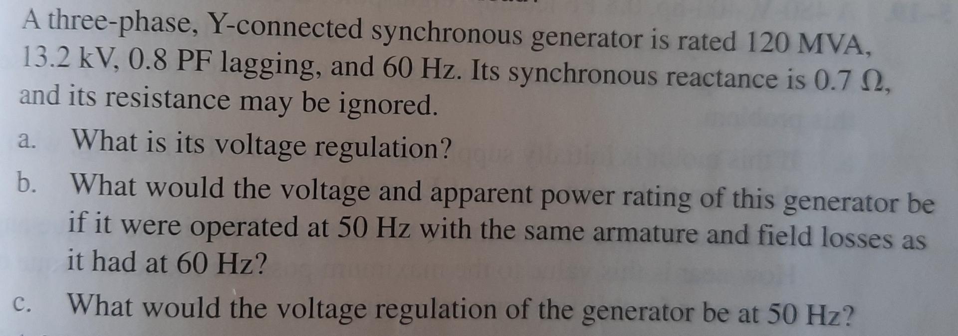 Solved A three-phase, Y-connected synchronous generator is | Chegg.com