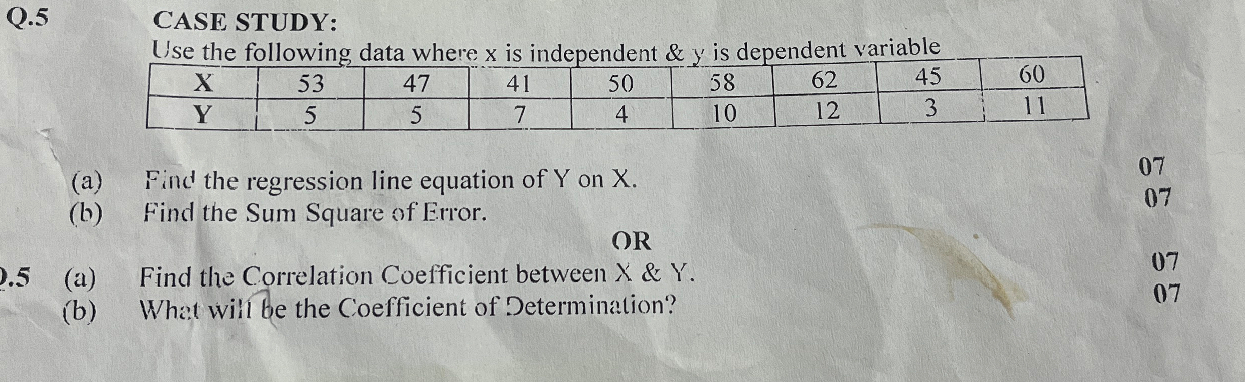 Solved Q. 5 ﻿CASE STUDY:Use the following data where x ﻿is | Chegg.com