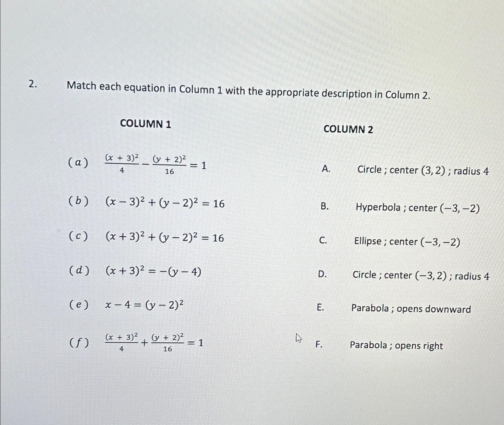 Solved Match each equation in Column 1 ﻿with the appropriate | Chegg.com