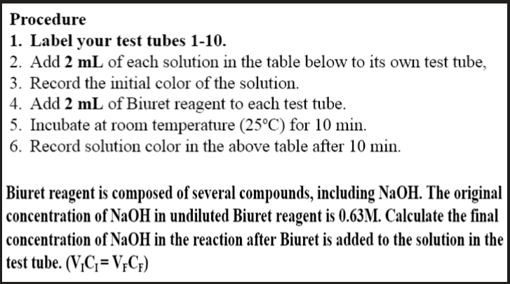 Solved ProcedureLabel your test tubes 1-10.Add 2mL ﻿of each | Chegg.com