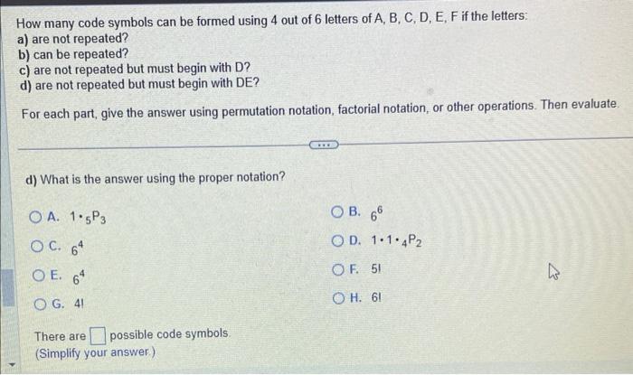 Solved How many code symbols can be formed using 4 out of 6 | Chegg.com