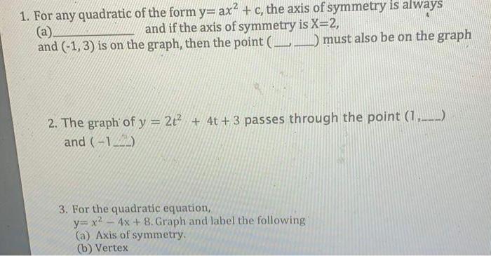 Solved 1. For any quadratic of the form y= ax2 + c, the axis | Chegg.com