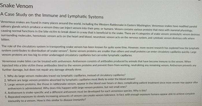 Solved Snake Venom A Case Study on the Immune and Lymphatic | Chegg.com
