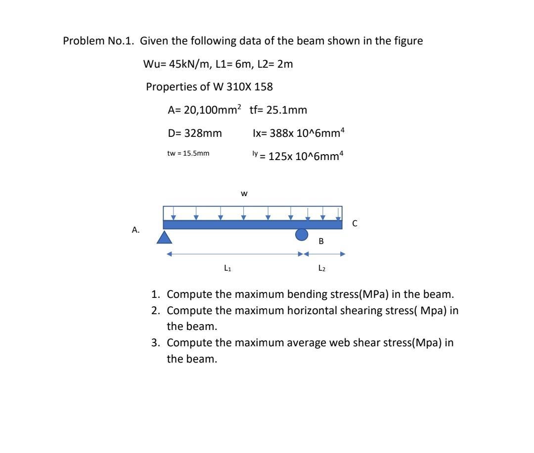 Solved Problem No.1. Given the following data of the beam | Chegg.com