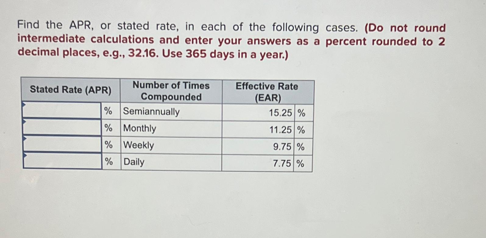 Solved Find the APR, or stated rate, in each of the | Chegg.com
