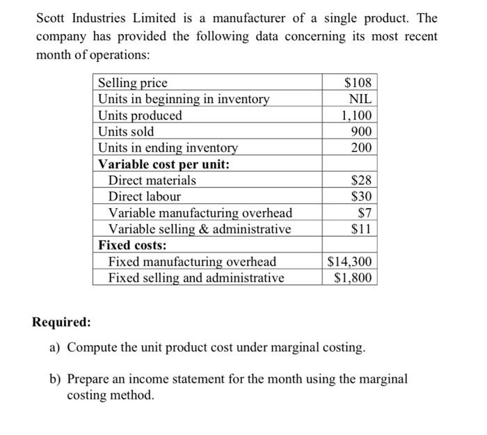 Solved Scott Industries Limited is a manufacturer of a | Chegg.com